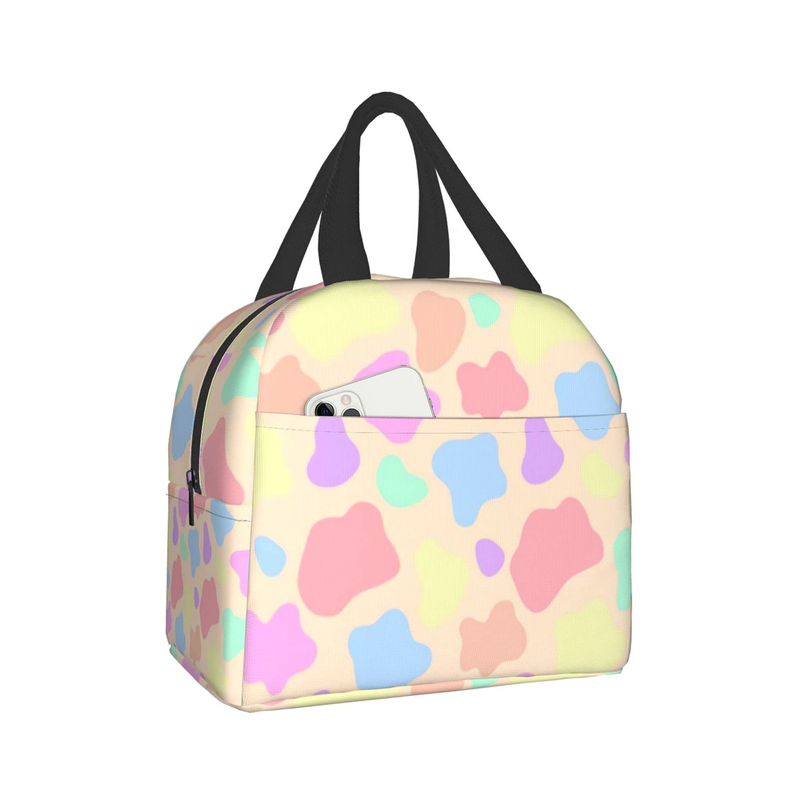 Insulated Lunch Bag Reusable Lunch Box For Girls, Cooler Lunch Tote Bag With Front Pocket for Teen Girls Women Men School Picnic Office Work, Cute Colorful Cow Print