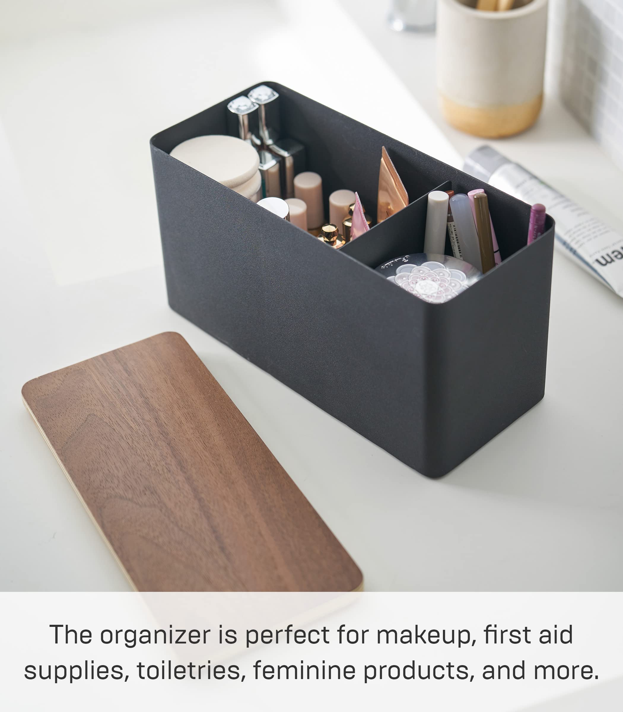 Yamazaki Home Rin Countertop Organizer Bathroom Kitchen Counter Organizer Metal Toiletries Holder - Steel + Wood