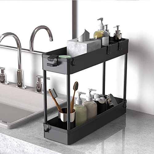 SPACELEAD Slim Storage Cart 4 Tier, Storage Organizer Rolling Utility/ Mobile Shelving Unit Slide Out Storage Cart for Office, Bathroom, Kitchen, Laundry Room & Narrow Places, Black