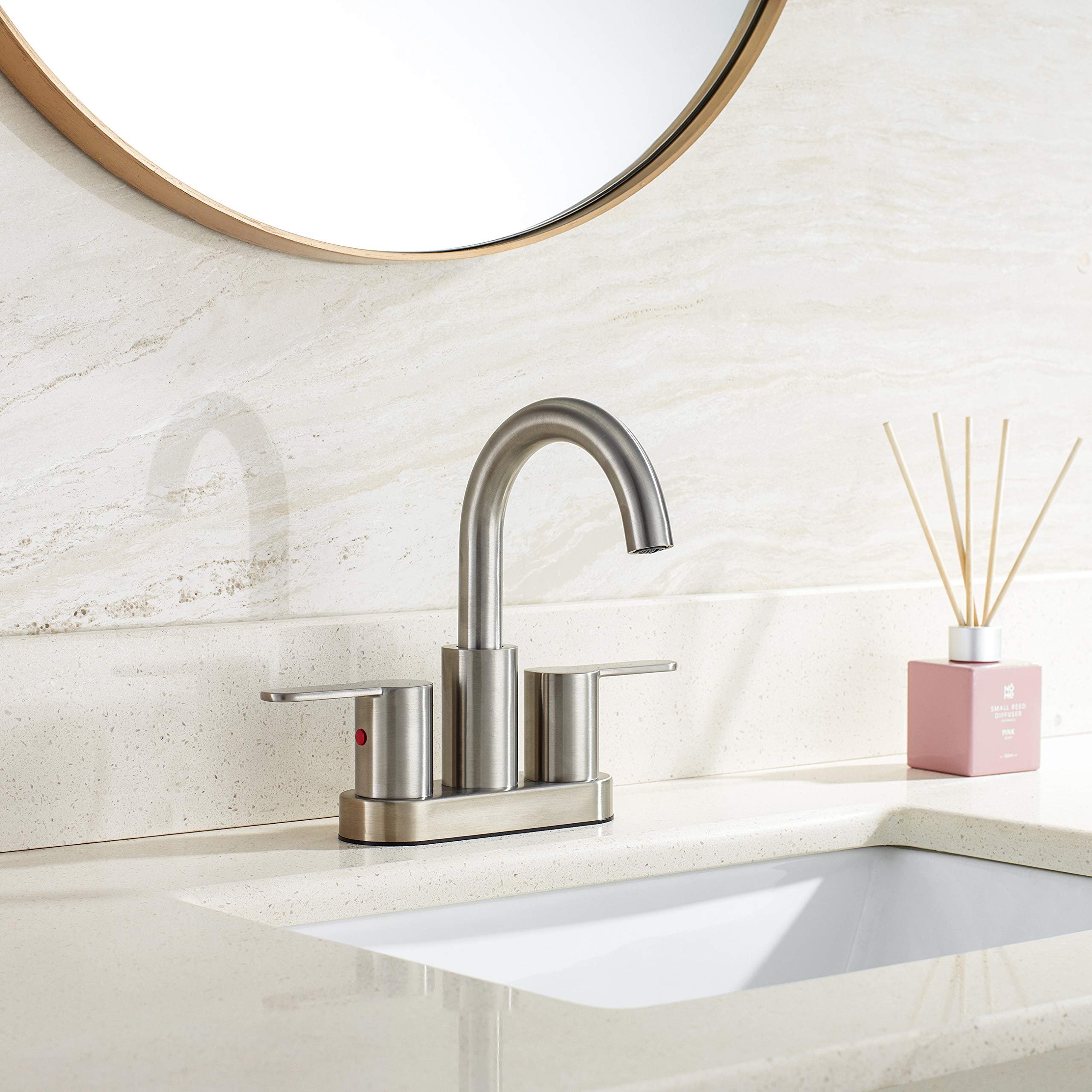 TimeArrow 2 Handle Centerset Bathroom Sink Faucet Brushed Nickel with Drain Assembly, High Arc Modern 4 Inch Bathroom Vanity Lavatory Faucet 3 Holes with Brass 360° Swivel Spout, TAF067E-BN