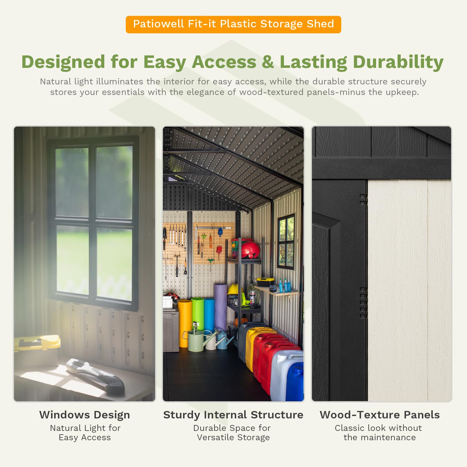 Patiolife 8.1x6.1 FT Resin Outdoor Storage Shed with Floor, Window and Lockable Door, Easy Installation in Gray and White