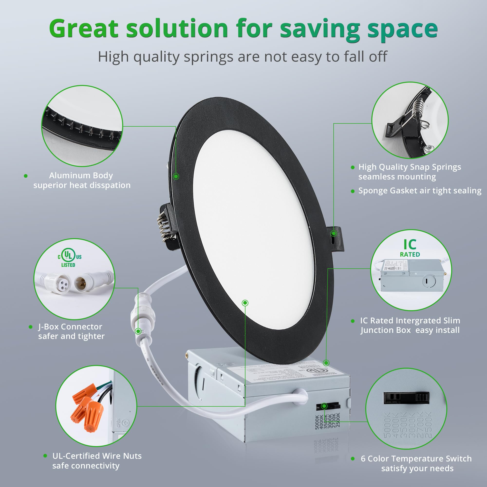 LEDIARY 24 Pack 6CCT LED Recessed Lighting 6 inch, 2500K-5000K Selectable Black Recessed Lights, 1100LM High Brightness, 12W Eqv 110W, Dimmable Can Lights with Junction Box - IC Rated, ETL