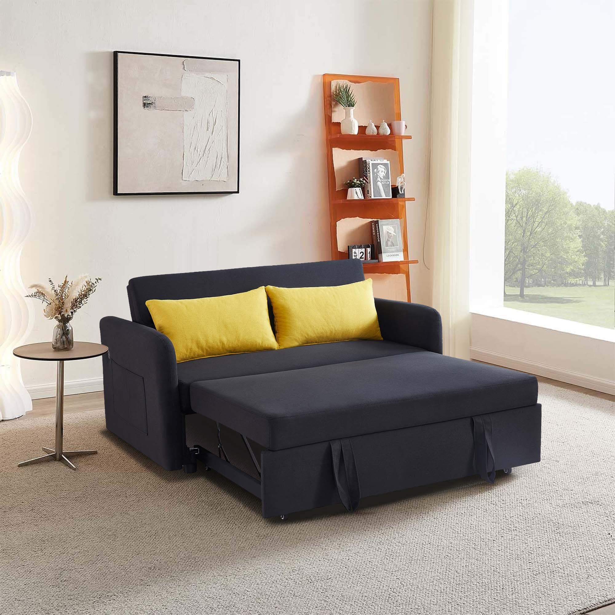 SumKea 55.5'' Pull Out Couch, 3-in-1 Sleeper Loveseat Convertible Bed with USB, Adjustable Backrest, Pillows, Side Pocket, Fabric Sofa Bed for Living Room, Office, Black