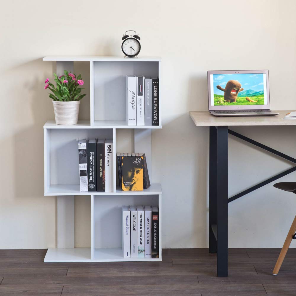 Frama 3-Shelf Creative Storage Bookcases Room Divider, S-Shaped Z-Shelf Bookshelf Standing Storage Shelves for Bedroom, Living Room, Home Office, White