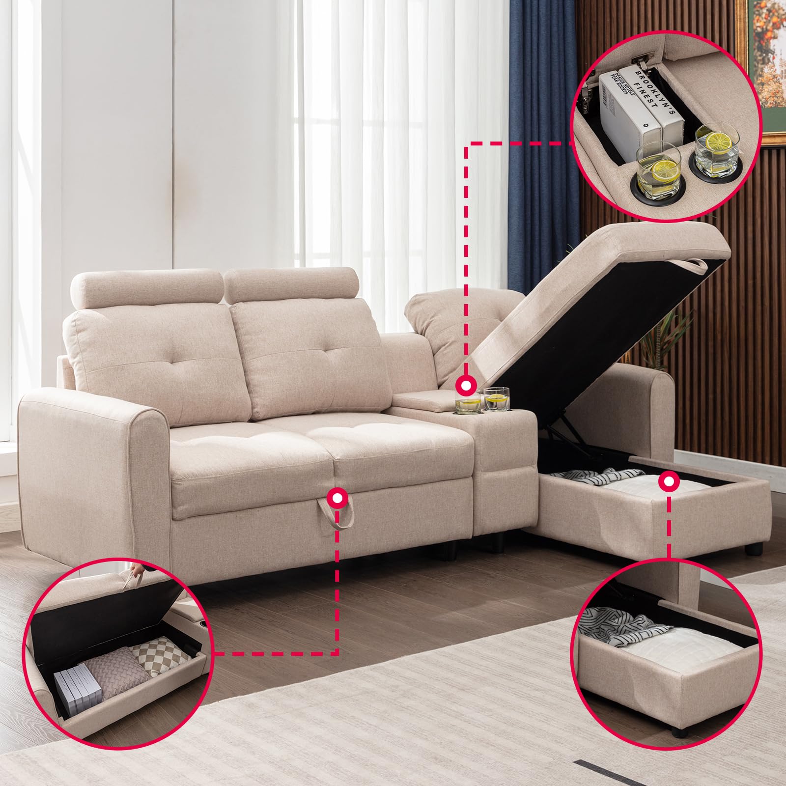 MUZZ 89" Sectional Sofa with Storage Chaise with Cup Holders, Modular L Shaped Sectional Sofa with Neck Pillows, Convertible Sectional Couch for Living Room/Apartment,Light Grey