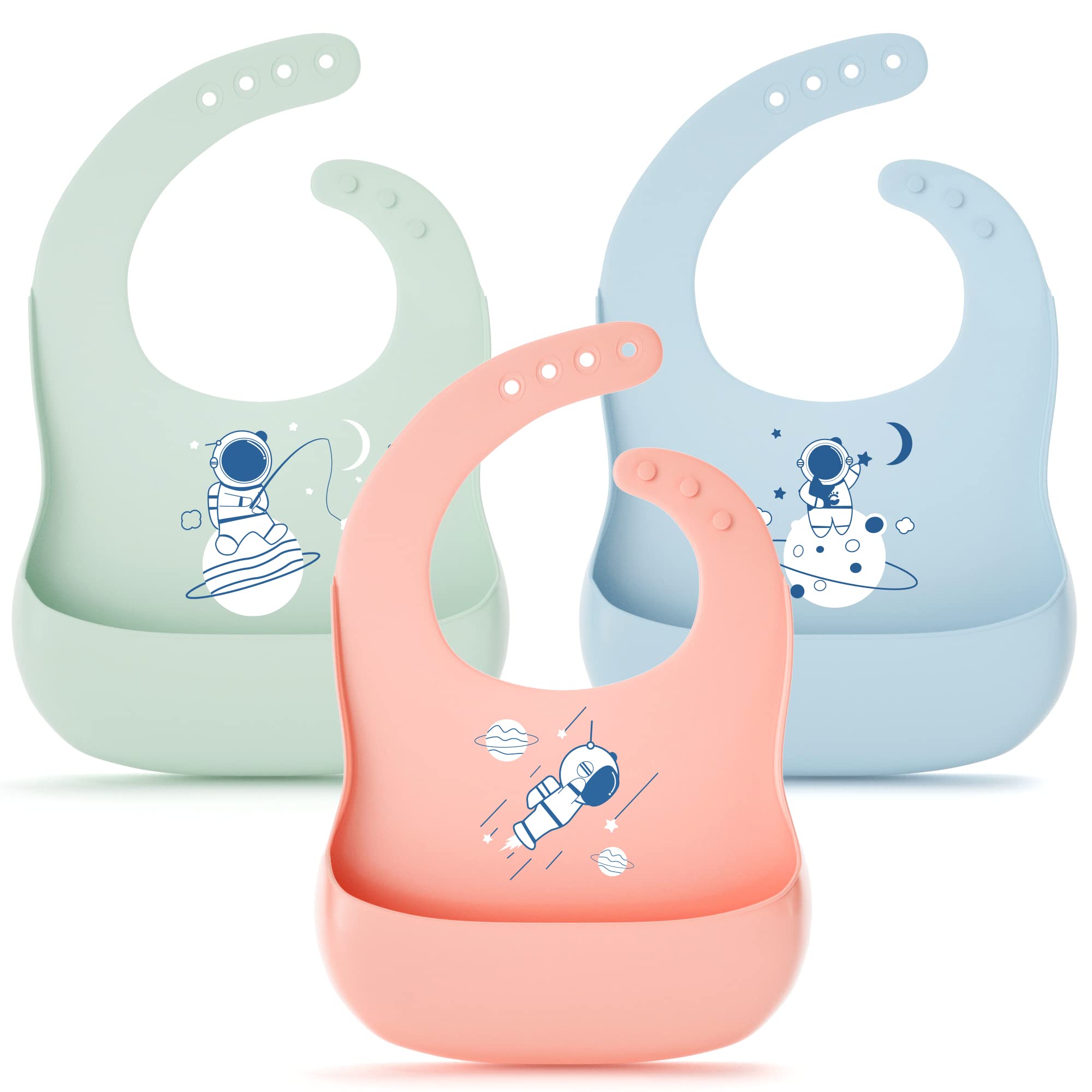 Haysofy Silicone Bibs, Set of 3 Silicone Baby Bibs for Babies & Toddlers, Waterproof, Soft, Adjustable Fit, Unisex, Non Messy