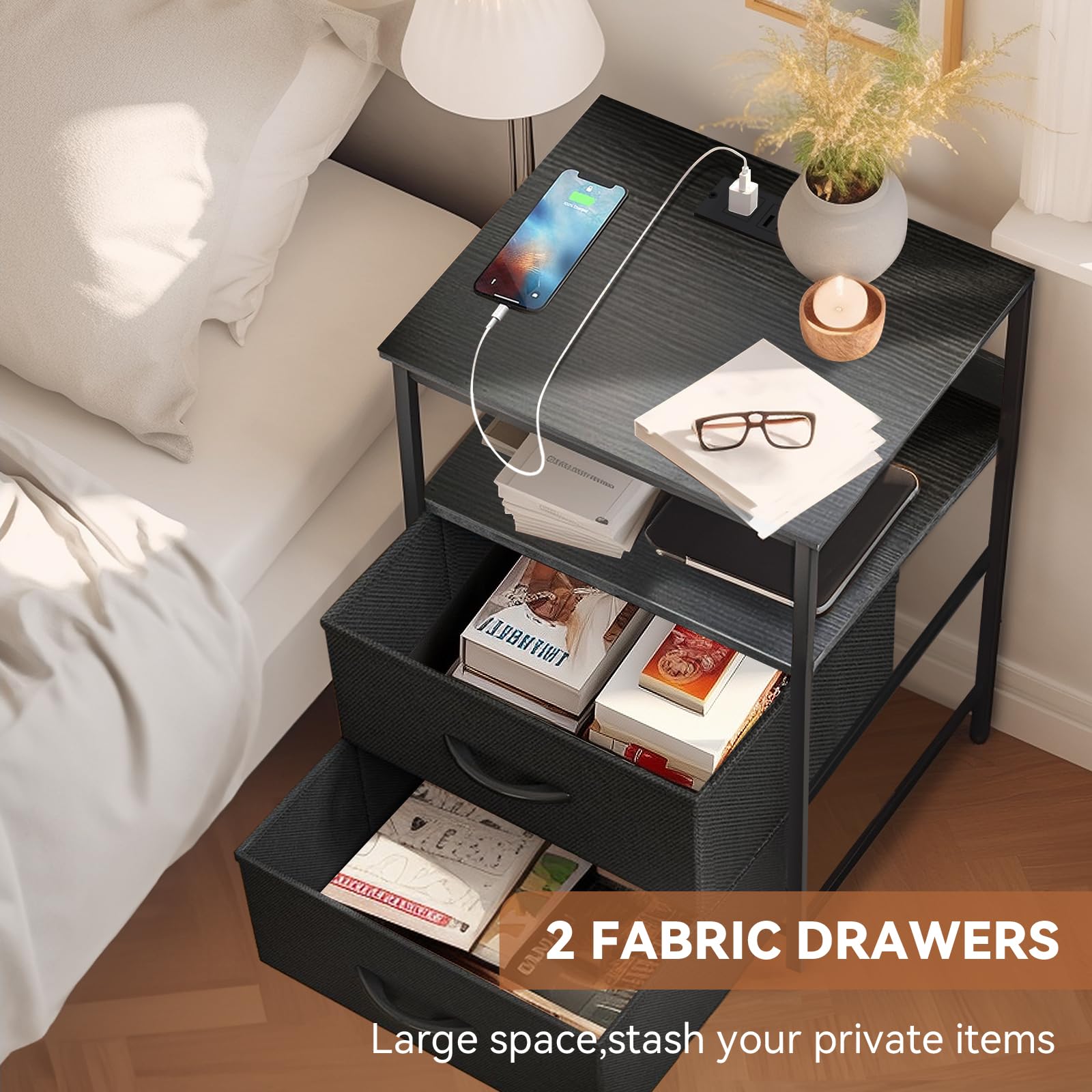 Night Stand Set of 2, Bedside Tables with Fabric Drawers, Side Table with Charging Station, LED Nightstand with USB Ports and Outlets, Small End Table for Bedroom, Rustic Brown