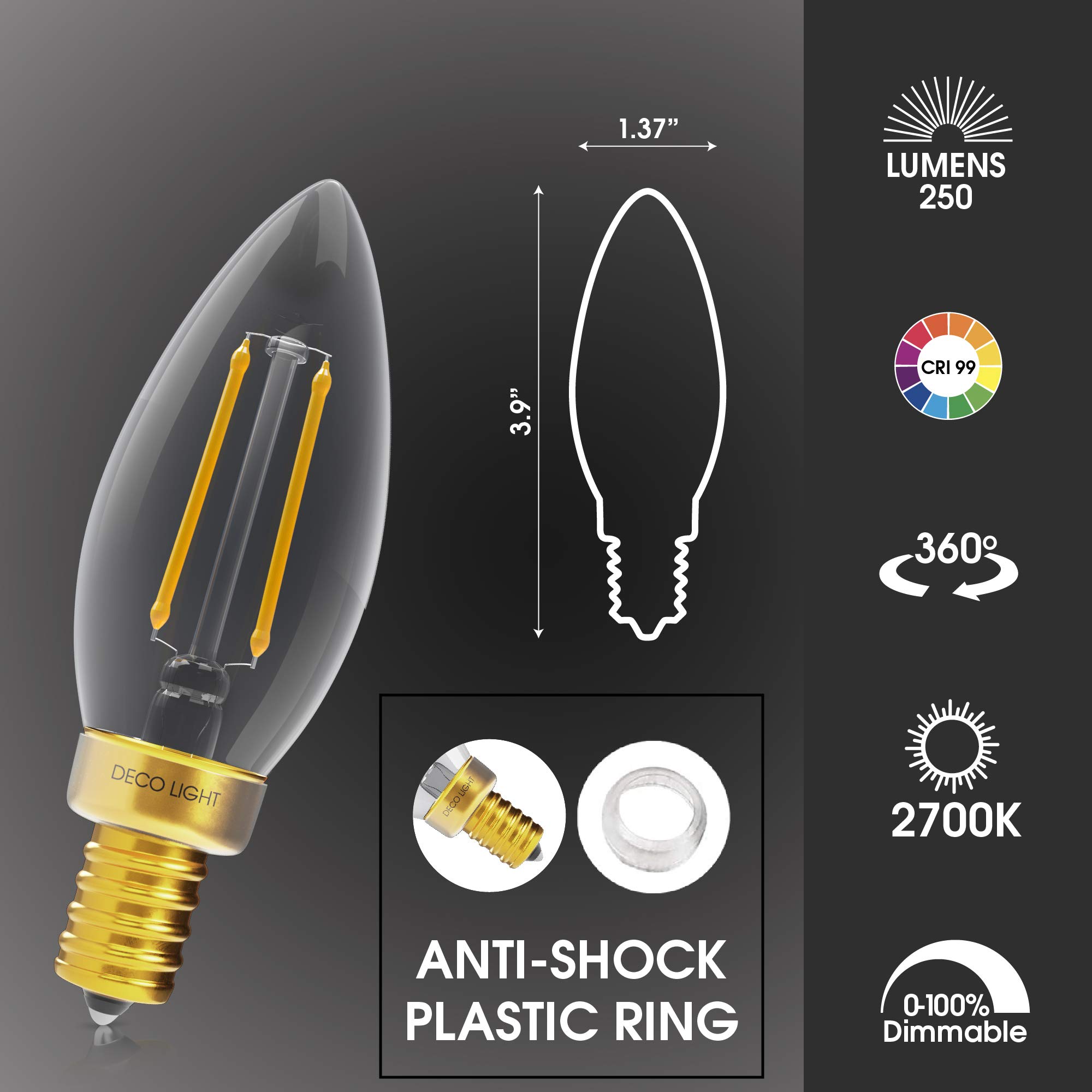 Deco Light Candelabra Led Light Bulbs – 25W Equivalent E12 LED Bulb 6-Pack Designed in USA – HD 250 Lumens Warm White (2700K) Dimmable Candle LED Bulbs – UL Listed Chandelier Bulbs