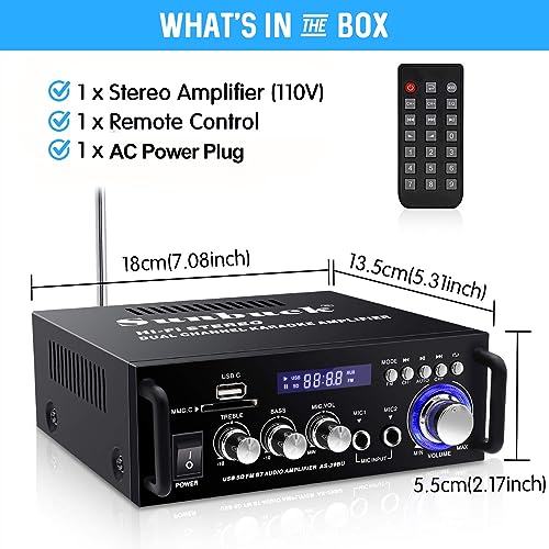 Sunbuck Max 250W×2, Bluetooth Stereo Amplifier, 2 Channel Outdoor Speaker Amplifier, Stereo Receiver for Home Audio w/USB 2.0, MIC in, Remote Control, Hi-Fi Small Amplifier for Speakers, AS-29BU