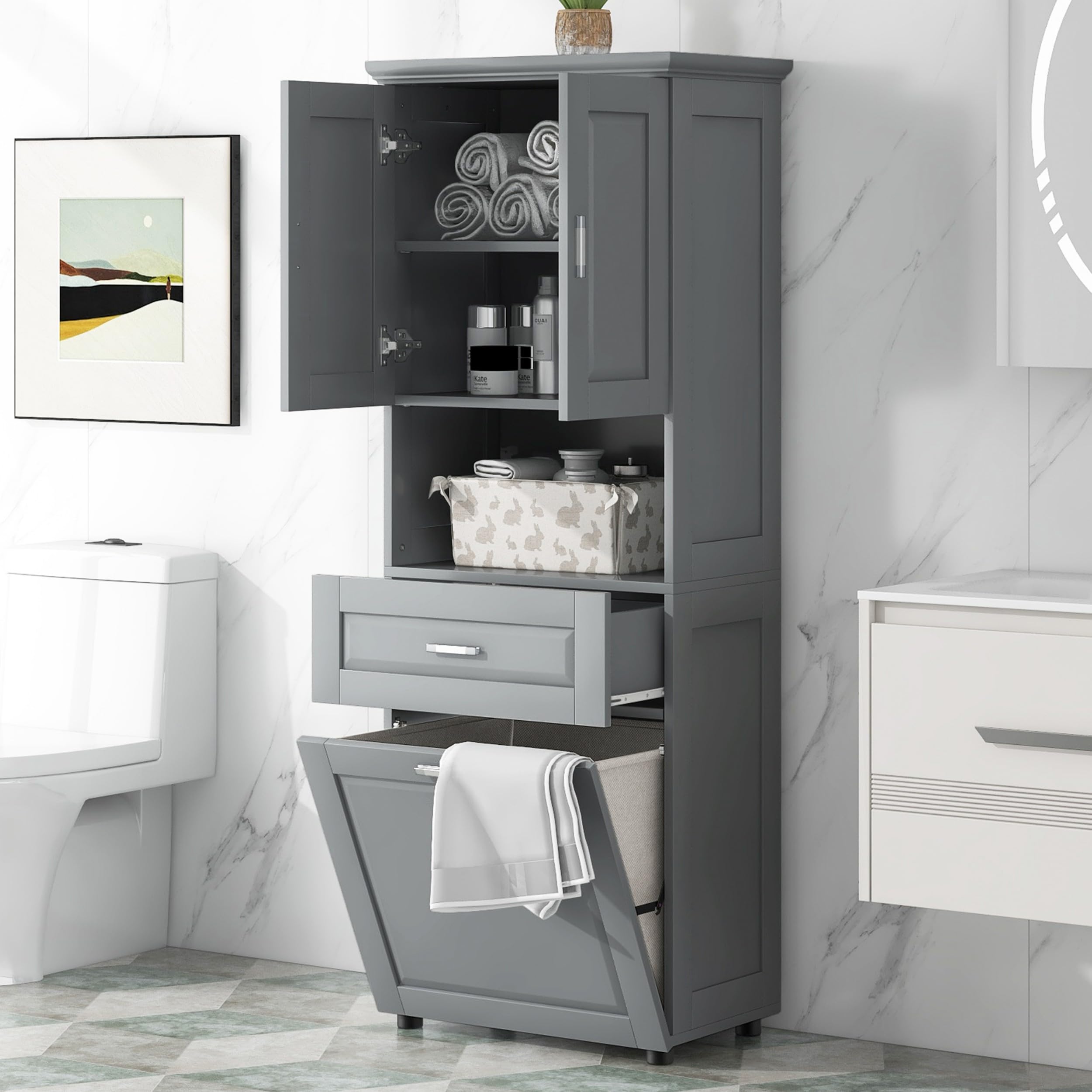 RCCFBHM Modern Bathroom High Bathroom Cabinet with Tilting Laundry Hamper with Double Door Storage and 1 Drawer, Open Storage Cabinet for Bathroom, Living Room.