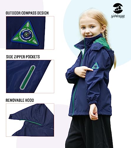 SaphiRose Kids Rain Jacket Waterproof Raincoat Mesh Lined Coat with Removable Hood for Boys Girls (Navy,8-9 years)