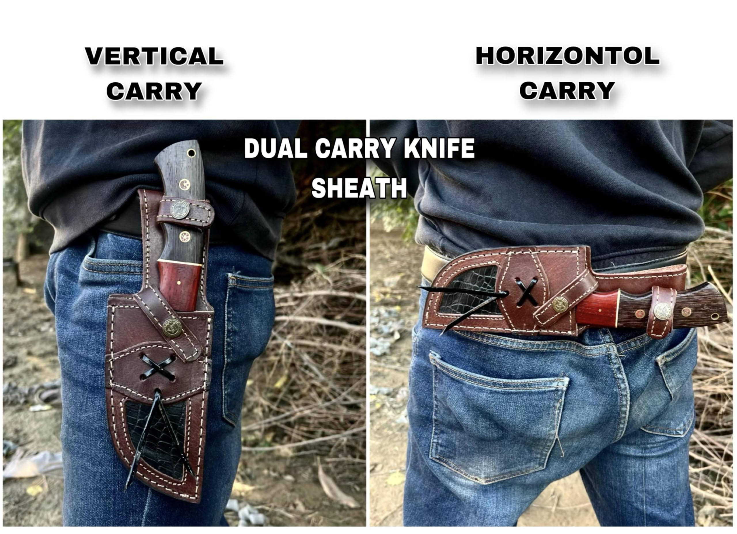 Handmade Tracker Knife Damascus Knife for Hunting Camping - 10 Inch Damascus Steel Hunting Tracker Knife with Horizontal Carry Sheath - Fixed Blade Survival tactical full tang Bushcraft Knife (Wenge & Padauk)
