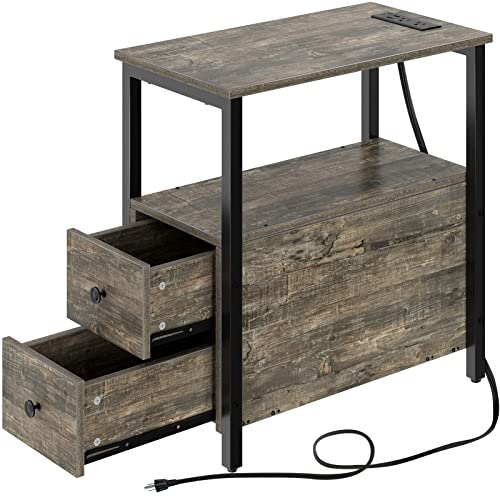 Rolanstar End Table with Charging Station, Narrow Side Table with 2 Wooden Drawers, USB Ports and Power Outlets, Nightstand Sofa Table for Small Spaces, Living Room, Bedroom, Gray