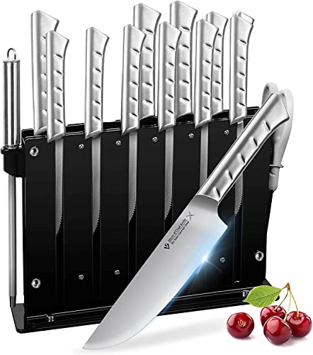 Knife Set Black Acrylic Stand - Sharp Kitchen Knife Block Set, Professional Chef Knife Set with Steak Knives, German Stainless Steel Knives for Cutting Meat, Bread, Vegetables, 15PCS