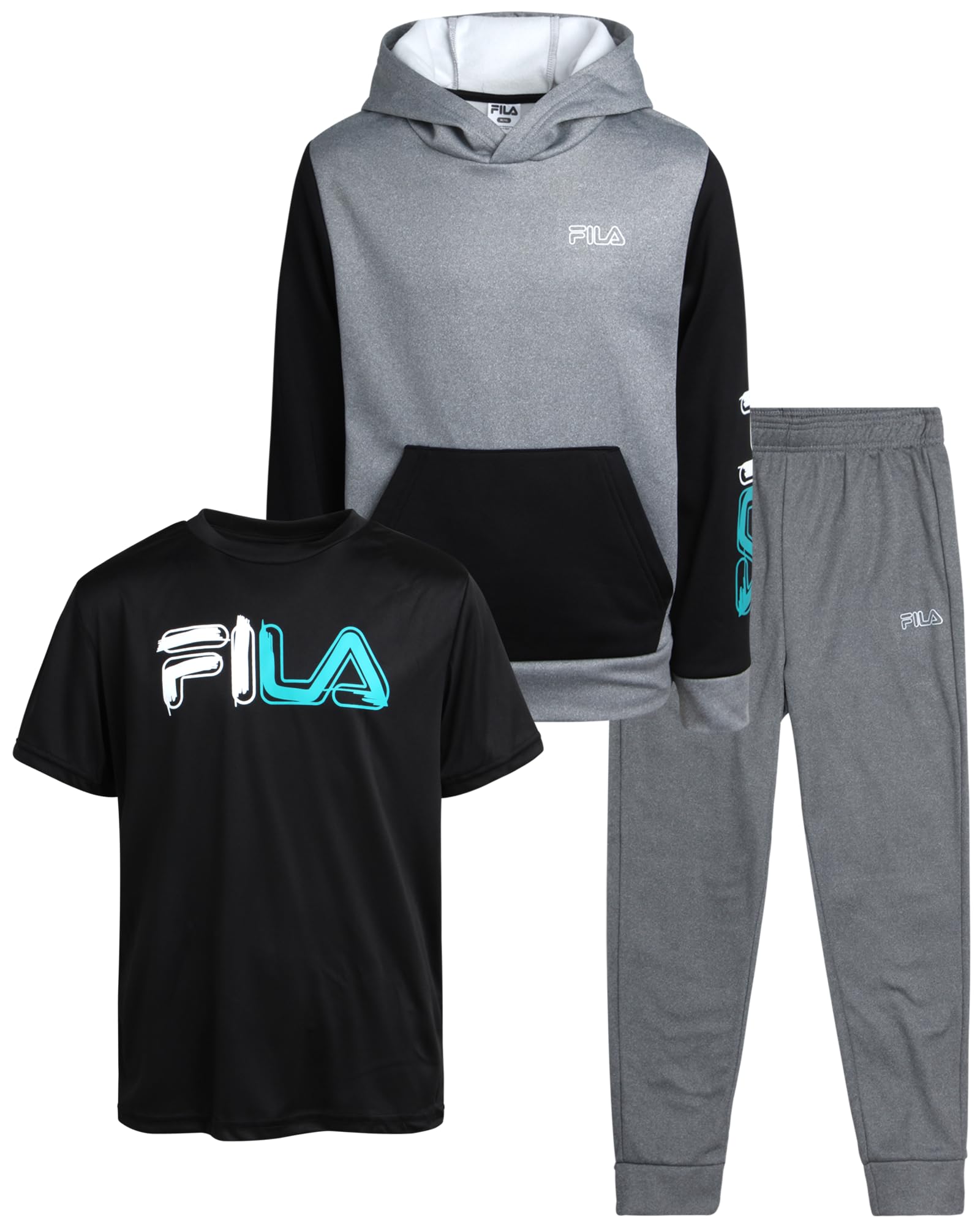 Fila Boys' Active Sweatsuit Set - 3 Piece Performance Hoodie Sweatshirt, Jogger Sweatpants, T-Shirt - Activewear Set (8-12), Size 8, Black