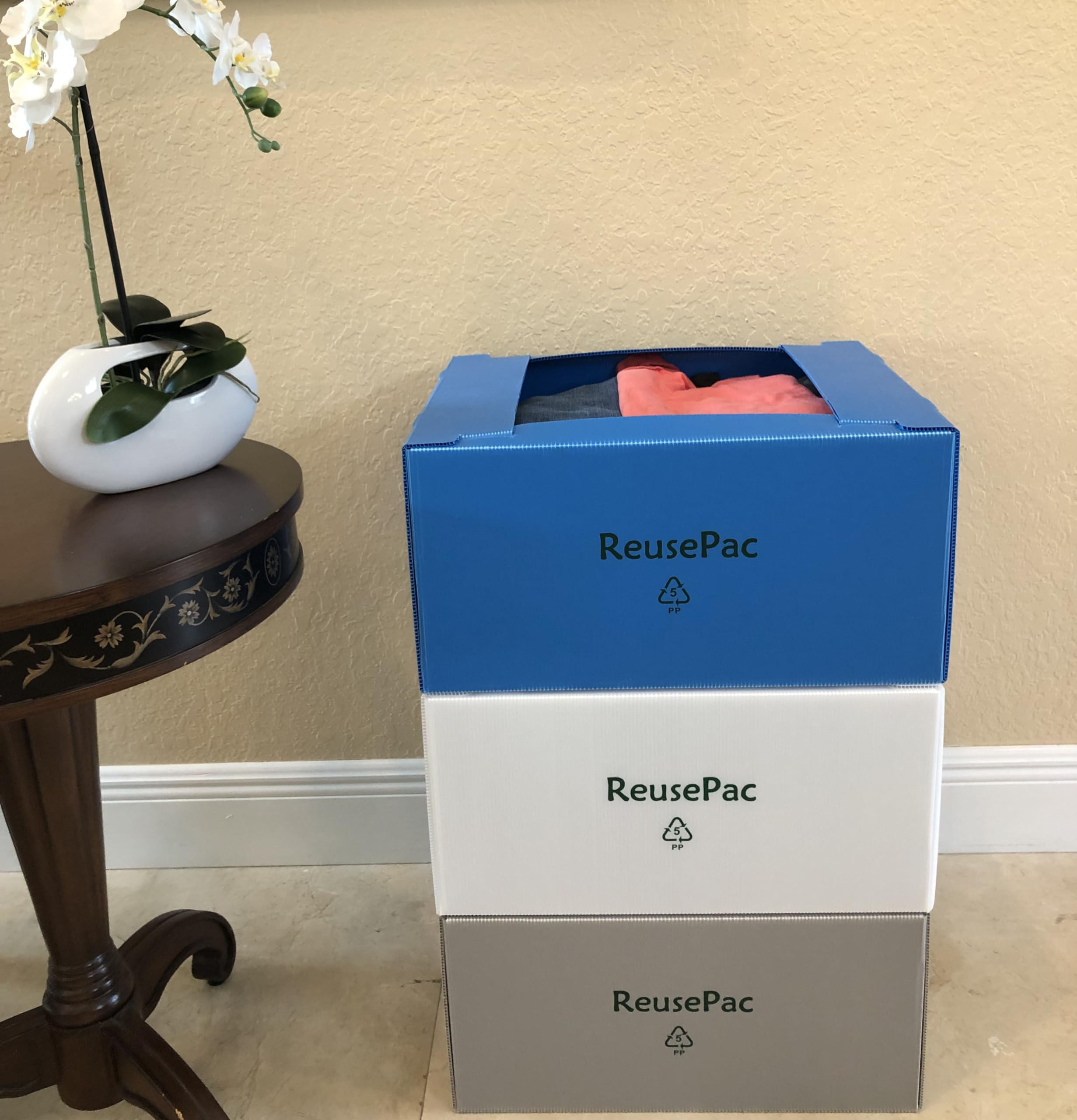 REUSEPAC Reusable Foldable Box Corrugated PP Lightweight, Storage Moving, Heavy Duty Stackable, Tape Free Self-Locking, No Lid, for Business Home In/Outdoors (20x16x10 in, mColor 4 Pack)