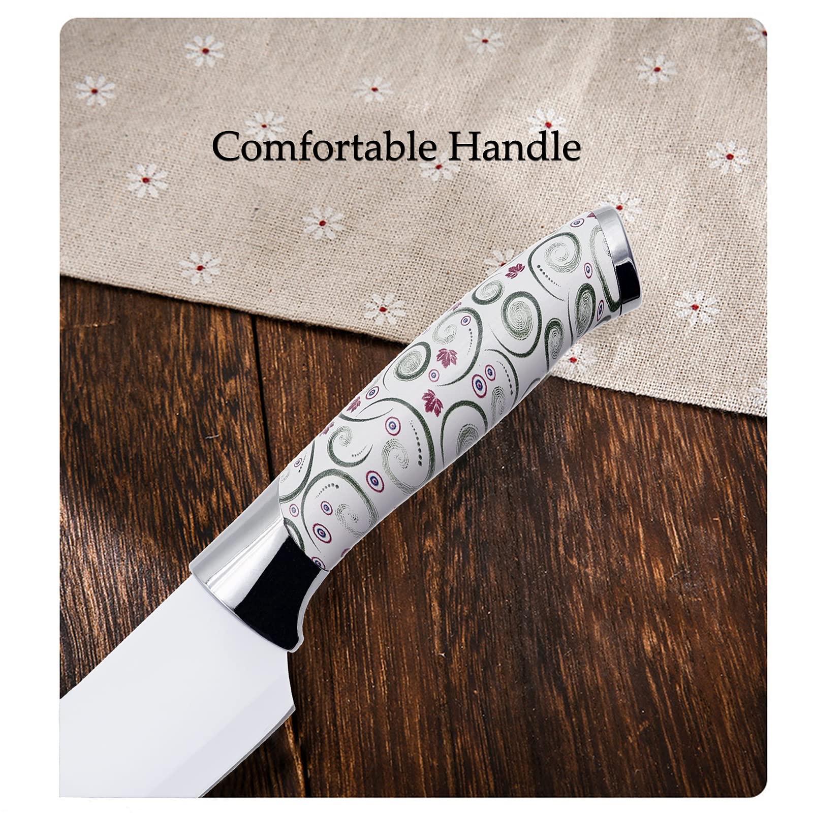 Knife Set for Kitchen, Retrosohoo White 6-Piece Stainless Steel Sharp Block Knife Set with Flower Pattern, Non-stick Non-slip Cooking Knives Set for Cutting Chopping Slicing Dicing