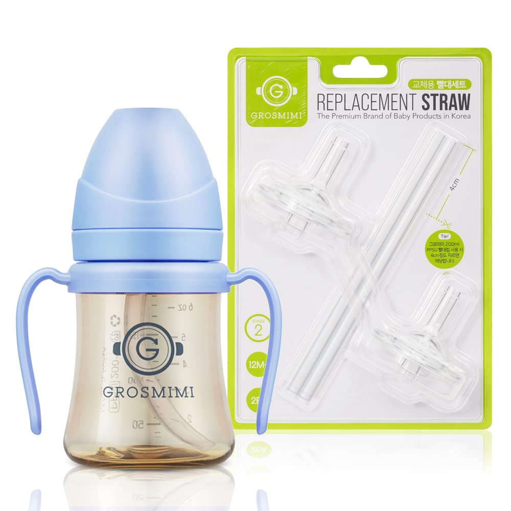 GROSMIMI PPSU Spill Proof Magic Sippy Cup 6 oz (Sky Blue) + Replacements (Straw kit 2-counts, Stage 2)