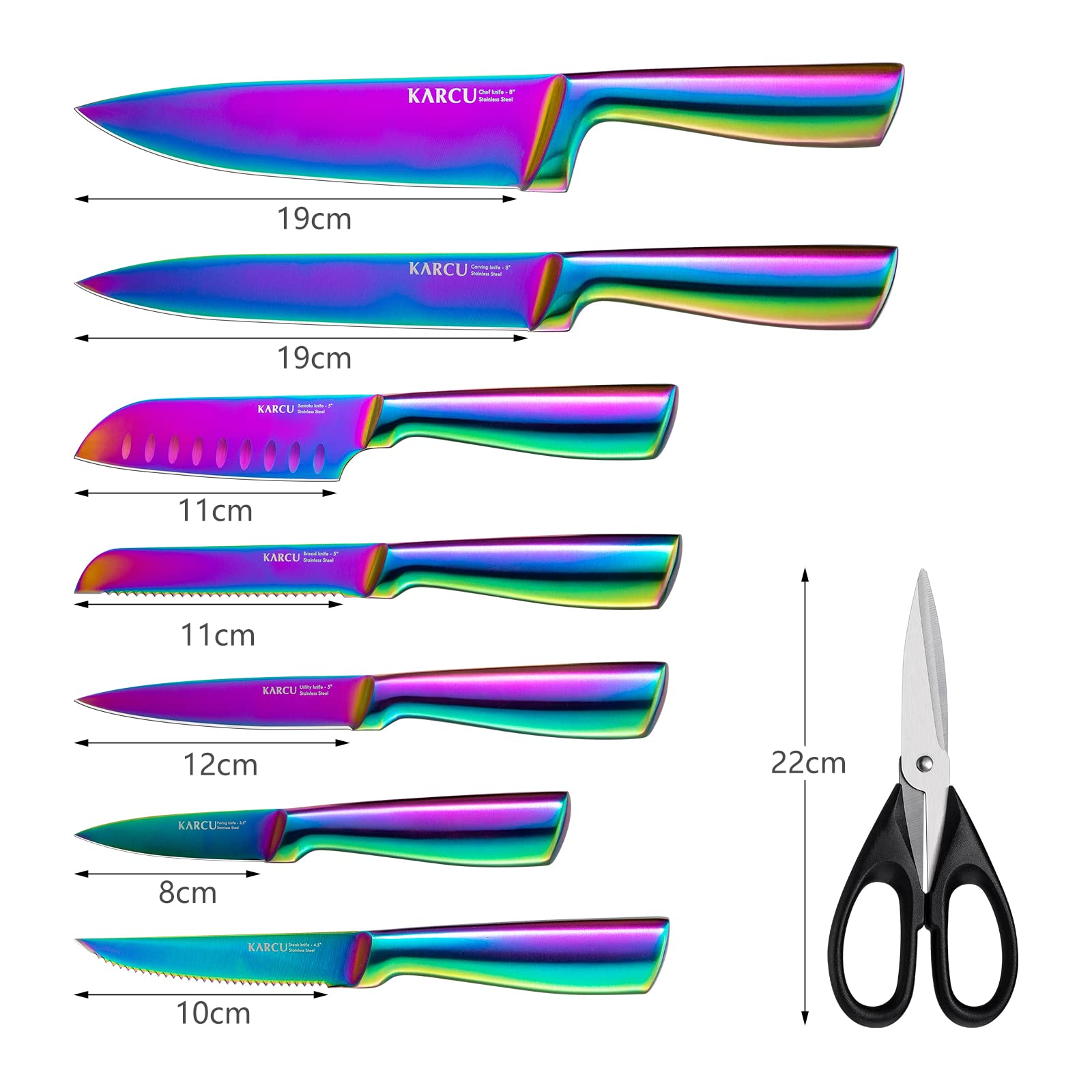 Knife Set, 14piece Karcu Kitchen Knife Block Set, Rainbow German Steel Kitchen Knives Set with Wooden Block, Chef's Knife Block Set with Scissors