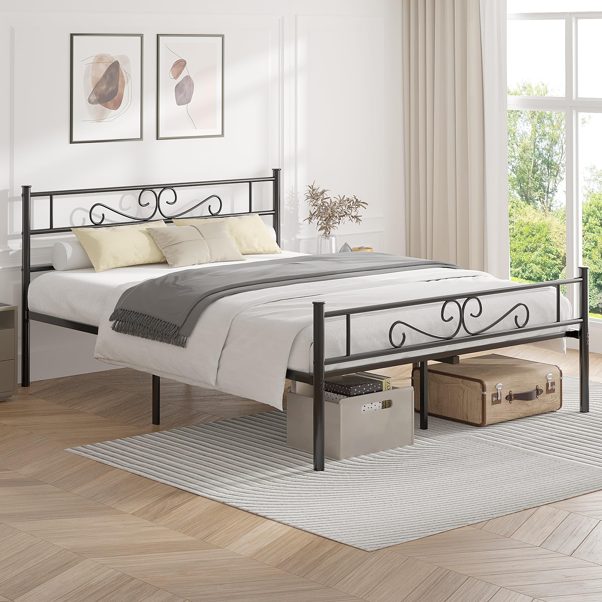 VECELO Full Size Bed Frame with Headboard, 14 Inch Metal Platform Mattress Foundation, No Box Spring Needed, Squeak Resistant, Easy Assembly, Matte Black