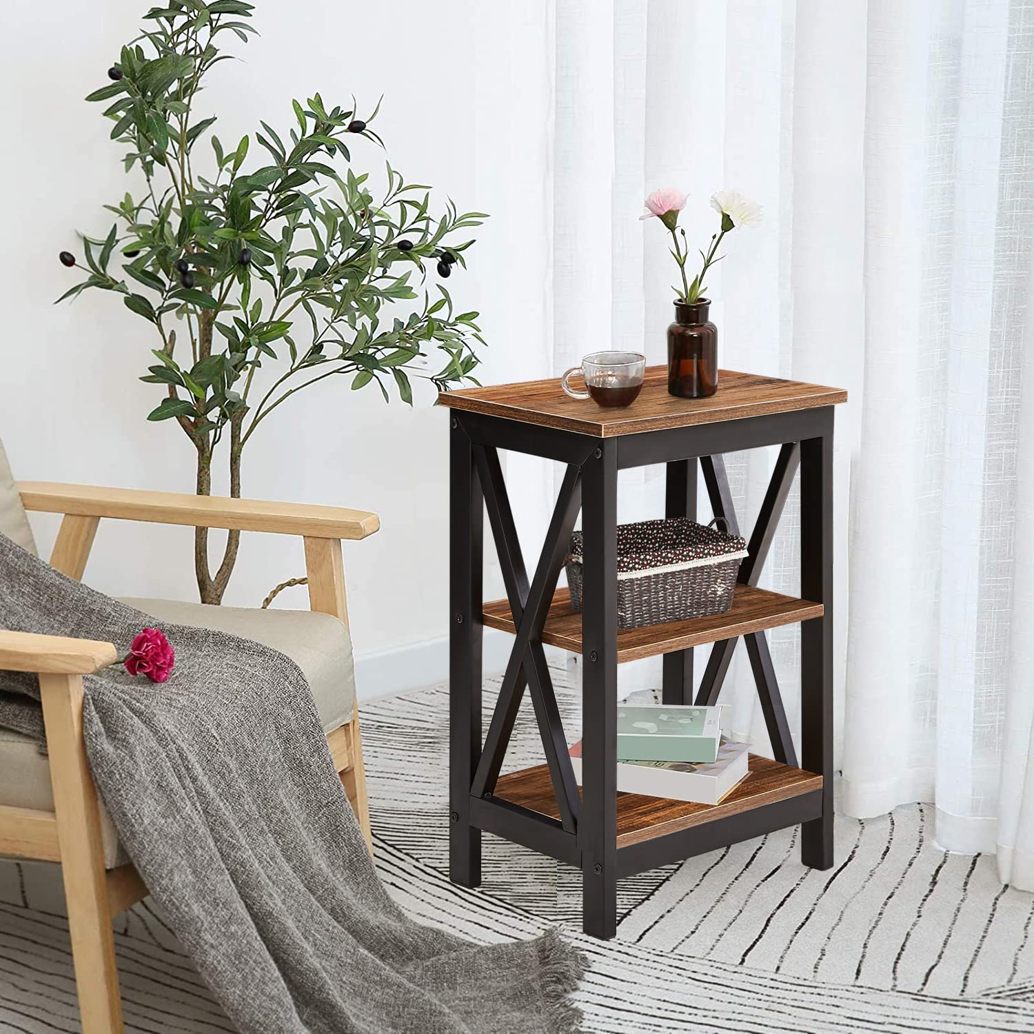 VECELO Modern Nightstands X-Design Side End Table Night Stand with Storage Shelf for Bedroom,Living Room,