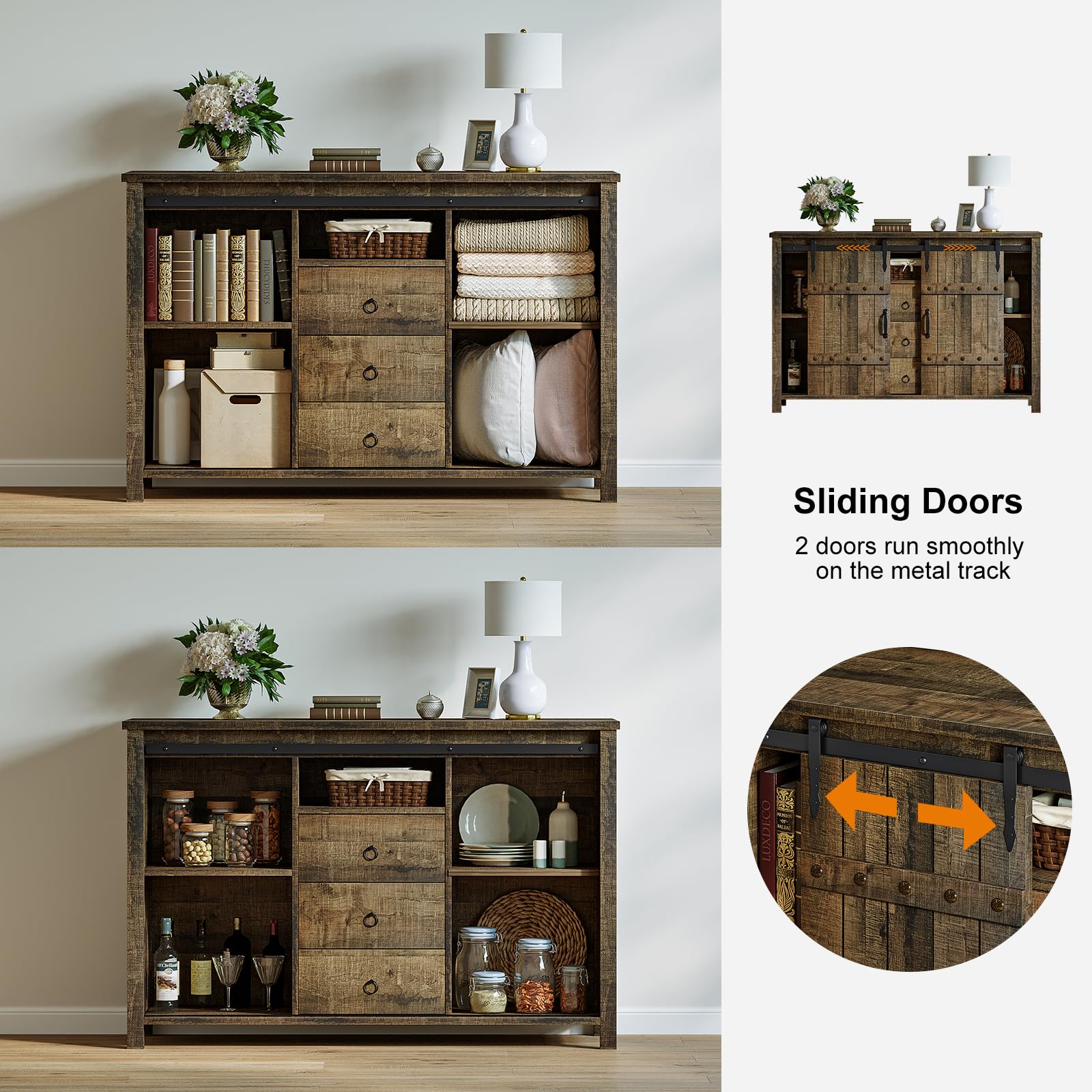 REAHOME Buffet Cabinet with Storage, 48" Sideboard Buffet Cabinet with Sliding Barn Doors & 3 Drawers, Farmhouse Wood Coffee Bar Cabinet Buffet Table for Kitchen, Dining Room, Rustic Brown