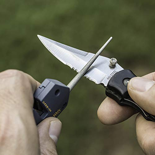 Smith’s 50918 Pocket Pal Knife Sharpener - Preset Carbide & Ceramic Stone - Fold-Out Diamond Coated Rod - Outdoor Knife & Hook Sharpener - Handheld, Compact, Lightweight - Ergonomic Grip Multitool
