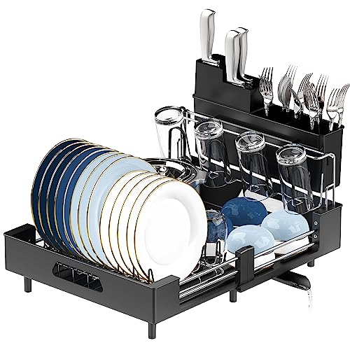 ROTTOGOON Expandable Dish Drying Rack, Stainless Steel Rustproof Dish Rack for Kitchen Counter, (12.8"-19.1") Dish Drainer with Drainage, Utensil Holder, Cup Holder for Various Kitchenware, Black