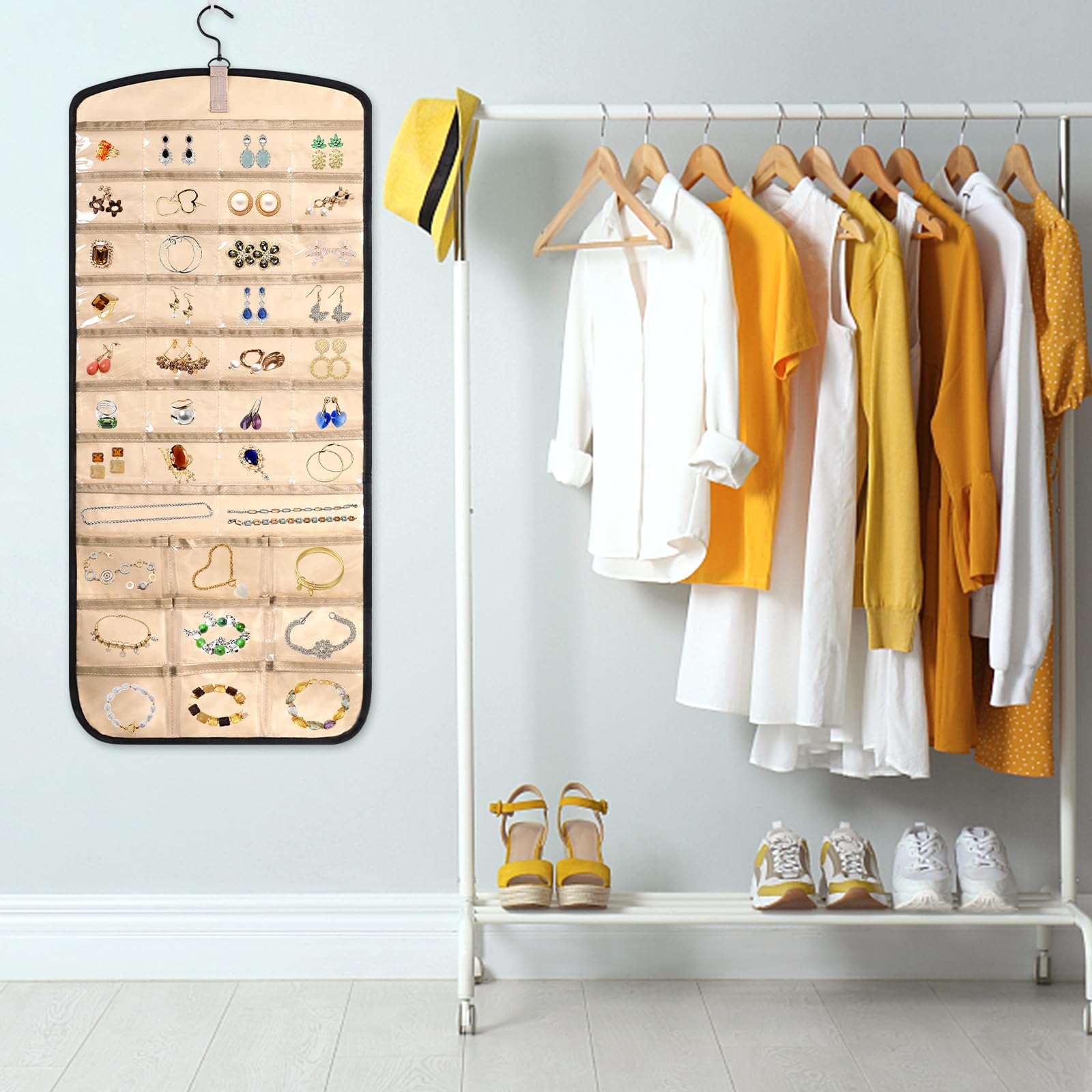 MCPINKY Hanging Jewelry Organizer Storage, 39 Pockets Earring Ring Bracelets,30 Necklaces Hanger on Closet Wall Door,Jewelry Display Storage Bag Double Sided,Large Black