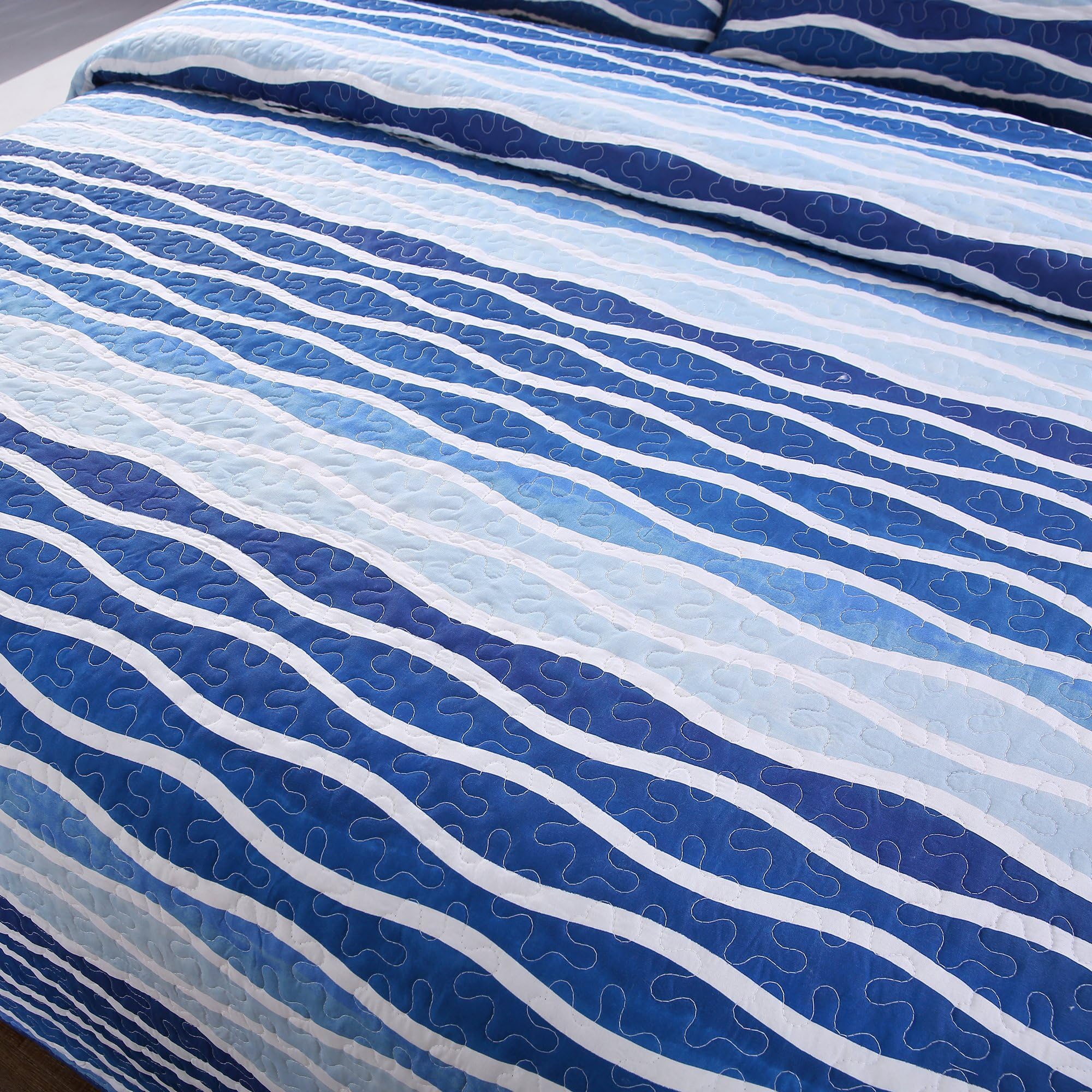 SLPR Blue Wave 2-Piece Quilt Set - Twin Size with 1 Sham, Coastal Beach House Bedding with Nautical Wave Design for Kids, Summer Ocean Waves Quilted Bedspread in Beachy Theme