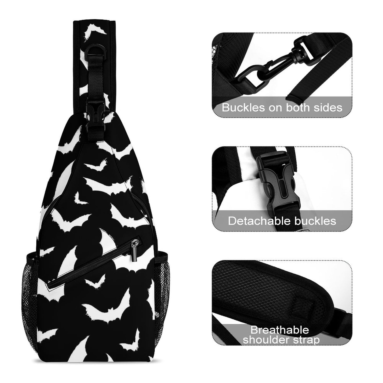 Halloween Pattern with Flying Bats Sling Backpack Chest Bag Crossbody Shoulder Bag Gym Cycling Travel Hiking Daypack For Men Women