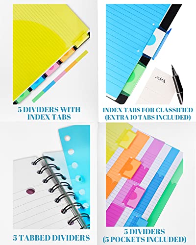 MOWEE Spiral Notebook - 5 Subject Notebook, College Ruled Notebook 3-Hole Punched With Dividers, Storage Pockets, 11" Ruler, 200 Pages, for Writing Journal, Home &Office, School Supplies, 8.1''x11.7''(Black)