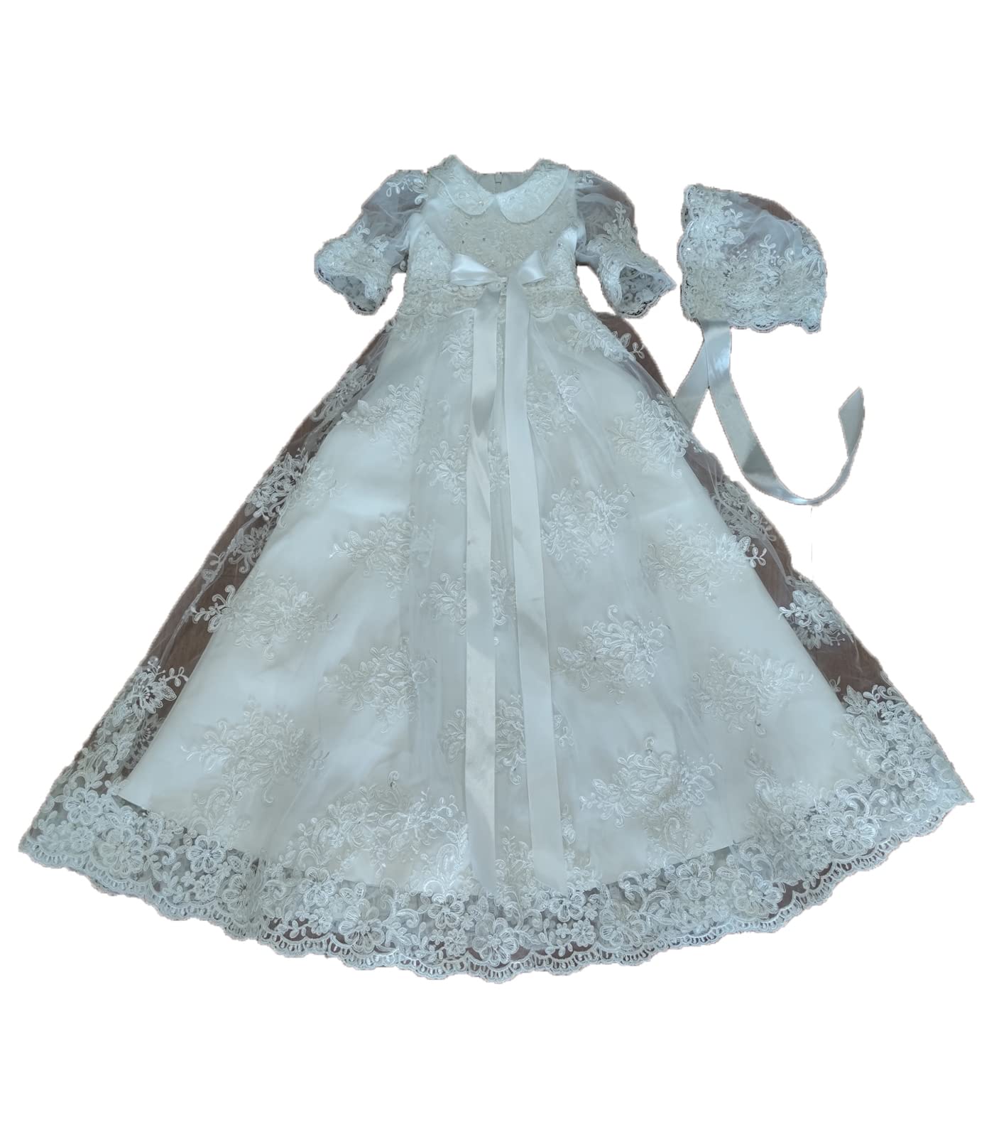 FAIOKAVER Christening Baptism Dresses Baby Girls Lovely Lapel Dresses with Bonnet White