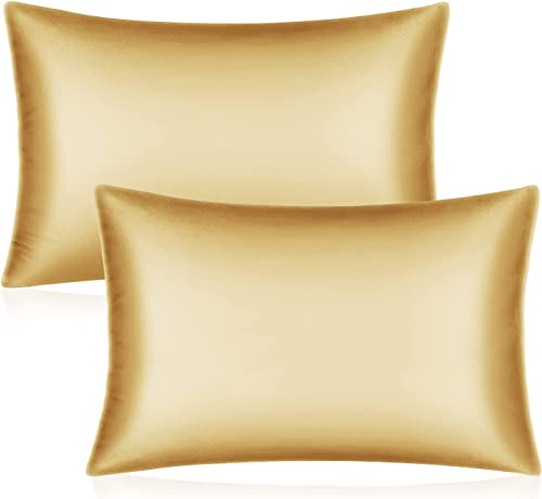Satin Pillowcase for Hair and Skin -Bed Pillow Cases Standard Size Set of 2,Satin Pillowcase 20x26 inches, Solid Color Pillow Covers with Envelope Closure for Home,School, Hotel(Gold)
