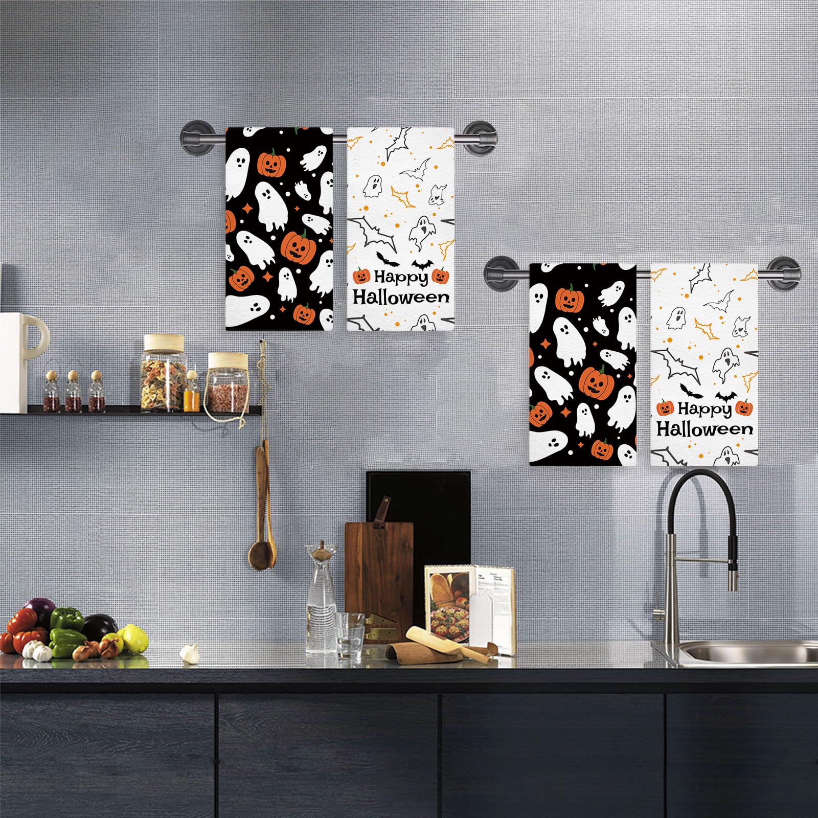 Halloween Kitchen Towels Halloween Pumpkin Ghost Halloween Dish Towels Set of 2, Spooky Holiday Hand Towel 18x26 Inch Drying Cloth Towel for Kitchen Home Decoration