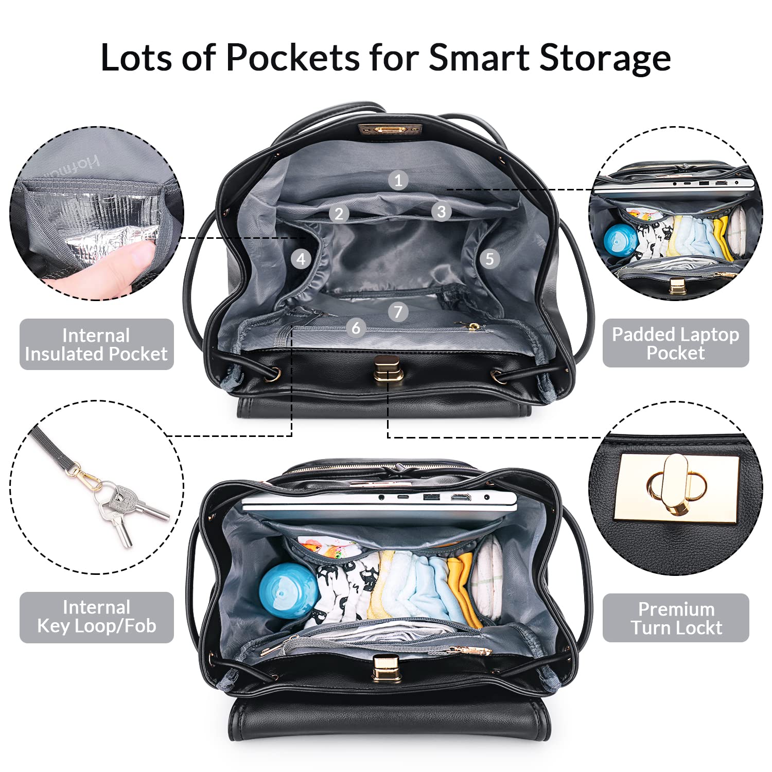 Hafmall Diaper Bag Backpack, Leather Diaper Backpack with 4 Insulated Pockets for Mom Dad, Stylish Baby Bag with Stroller Hooks, Travel Backpack for Mommy, Black Maternity Bag