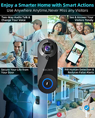 sectelli 2023 Enhanced Doorbell Camera Wireless, Support WiFi at 5GHz Mixed with 2.4GHz, Support Link to Alexa Speaker, 1080P Video, 2-Way Audio,Battery Powered,Smart Video Doorbell
