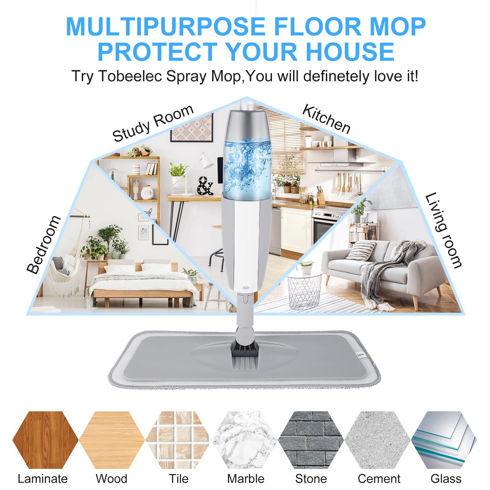 Tobeelec Spray Mop for Floor Cleaning, Microfiber Floor Mop Dry Wet Mop for Laminate Tile Ceramic Hardwood Wooden Vinyl with 4 Reusable Pads & 2 Refillable Bottle & 1 Scraper(Gray)