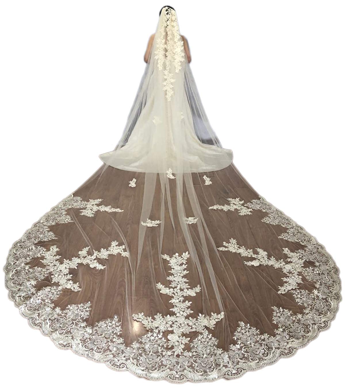 FAIOKAVER Wedding Veils Cathedral Long Floral Sequins Lace 5 Meters 1 Tier with Comb