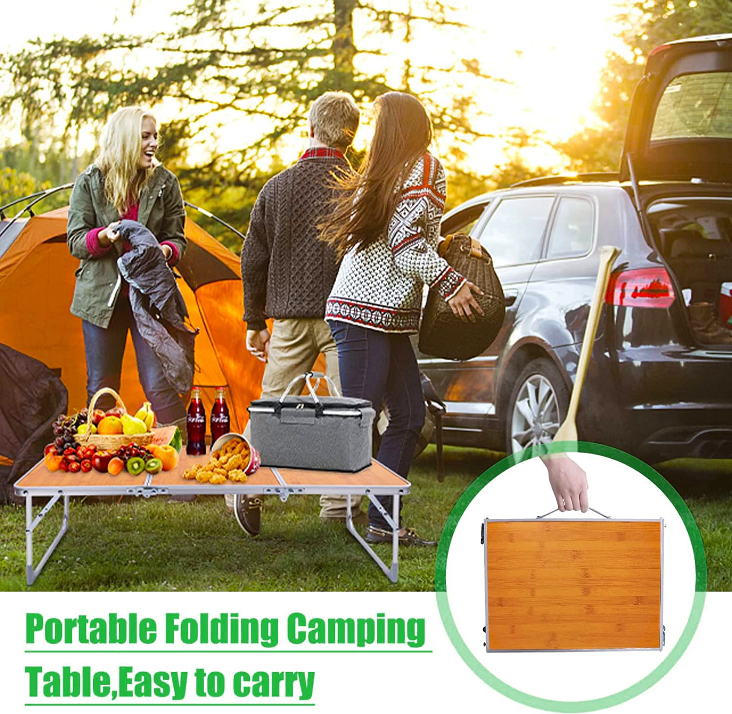 LJMBOEN Folding Camping Table,48"x24" 4FT Adjustable Height Aluminum Portable Picnic Table,3 Fold Lightweight Outdoor Table with Mesh Bag & Carrying Bag for Indoor Travel Beach and Party