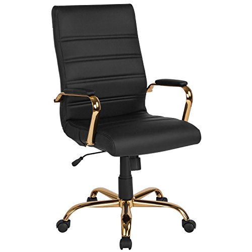 Flash Furniture Whitney High Back Desk Chair - Black LeatherSoft Executive Swivel Office Chair with Gold Frame - Swivel Arm Chair