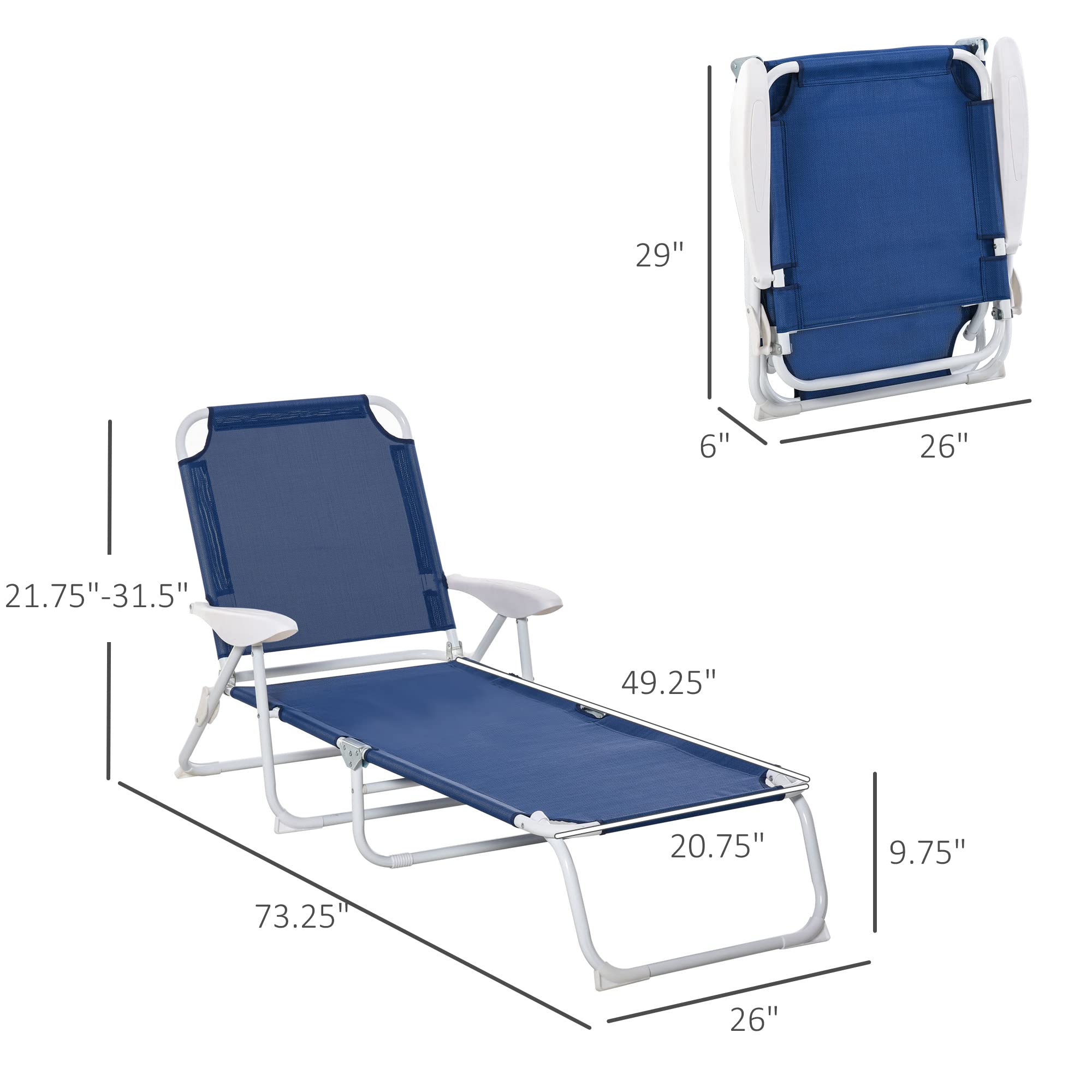 Outsunny Folding Lounge Chair, Portable Outdoor Chaise Lounge, Sun Tanning Chair with 4-Position Reclining Back, Armrests, Metal Frame and Mesh Fabric for Beach, Yard, Patio, Blue