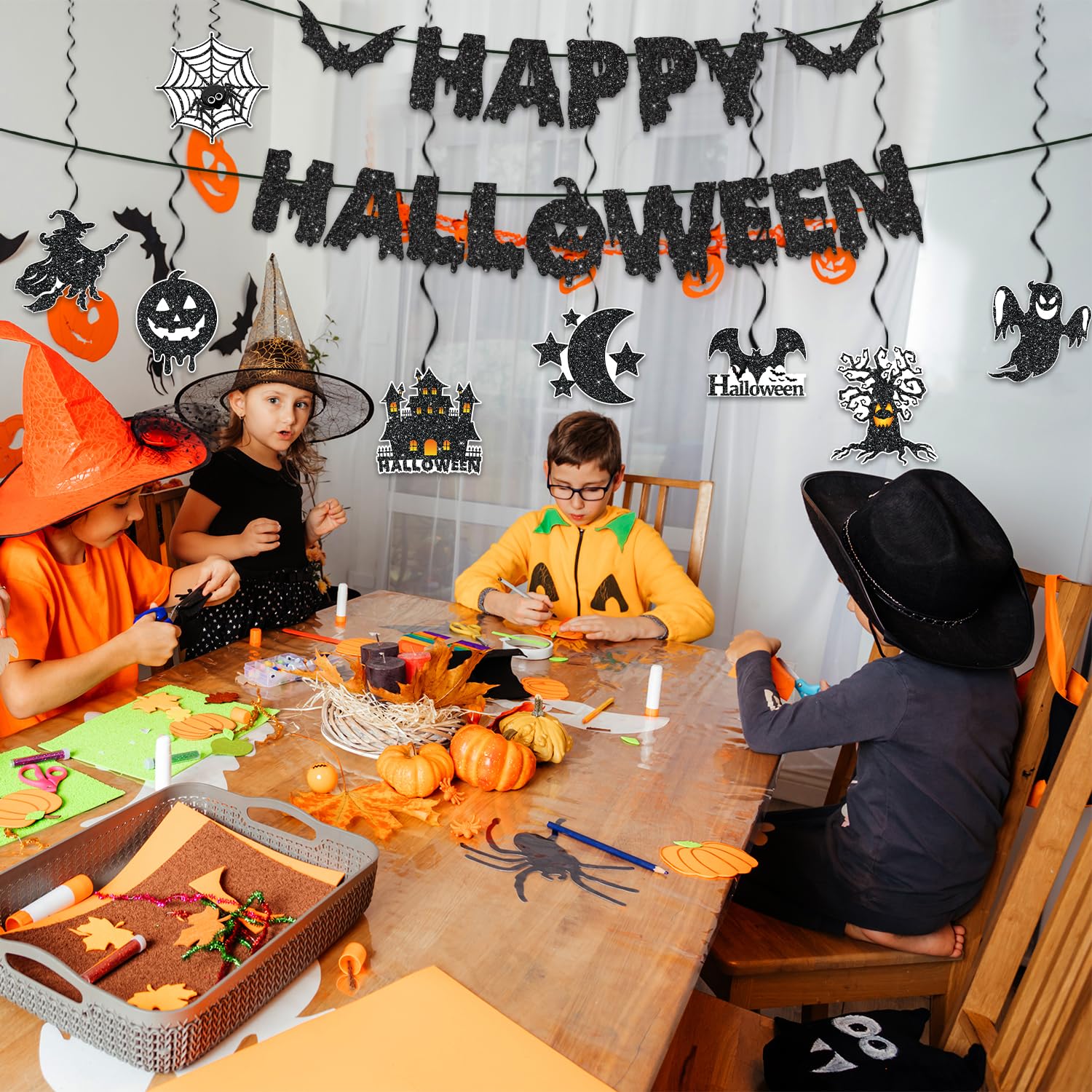 Halloween Office Decor, with 1psc No Diy Happy Halloween Banner and 8pcs Halloween Hanging Decorations Swirl, Halloween Decorations for Office, Happy Halloween Decorations