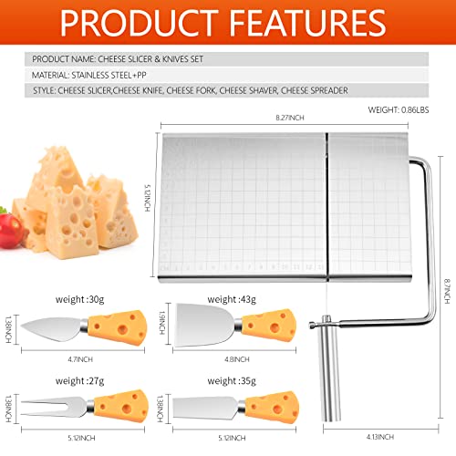 ISZW Cheese Slicer Knife Set, Cheese Slicer Cutter with Wire Food Cutter Precise Scale Board, 4 Cheese Knife Set Mini Butter Knife & Fork for Cutting Cheese Butter Vegetables Sausgae