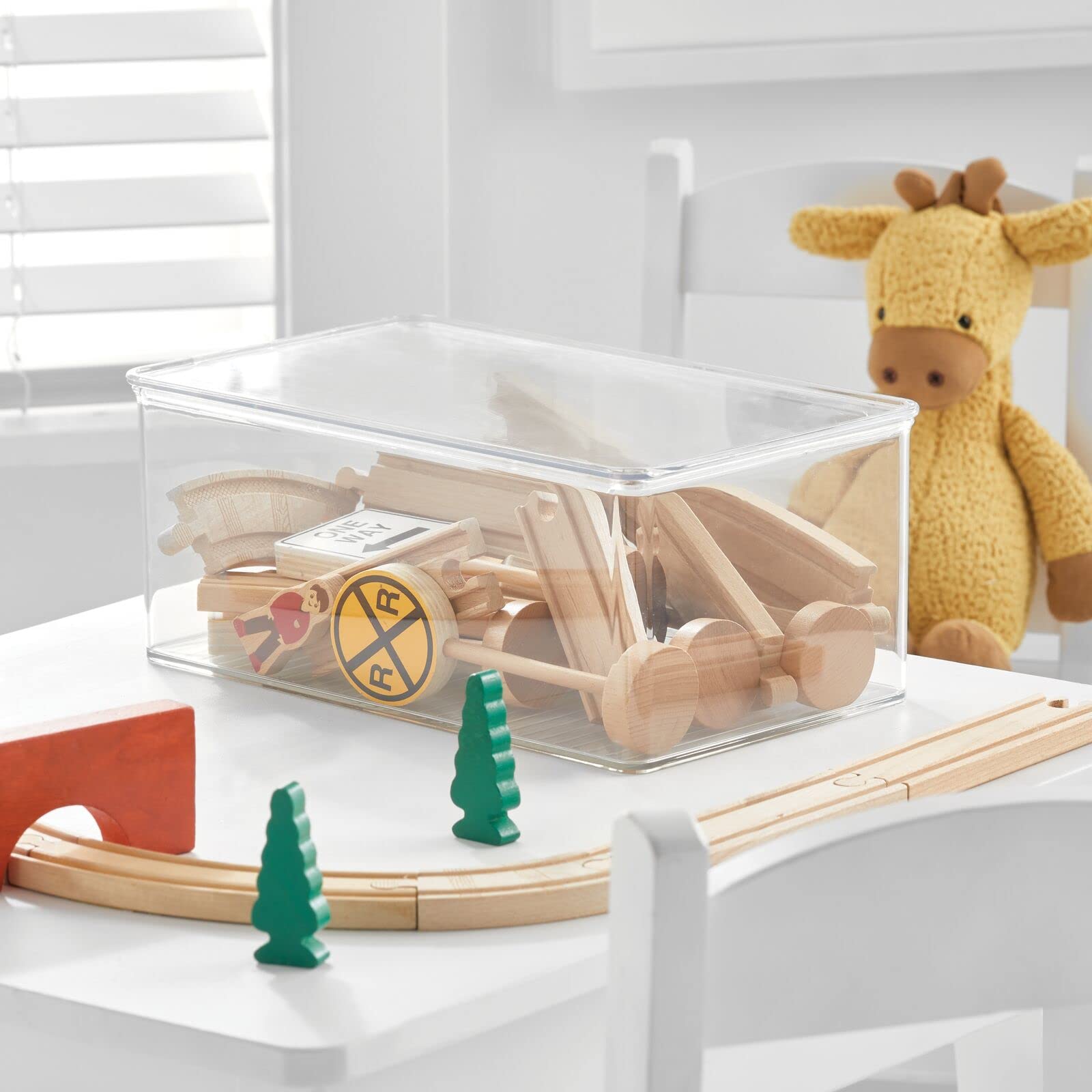 mDesign Plastic Stackable Toy Storage Bin Container Box with Hinge Lid for Organizing Living Room, Play Room, Bedroom, Nursery, Hold Blocks, Puzzles, Books, Lumiere Collection, Clear