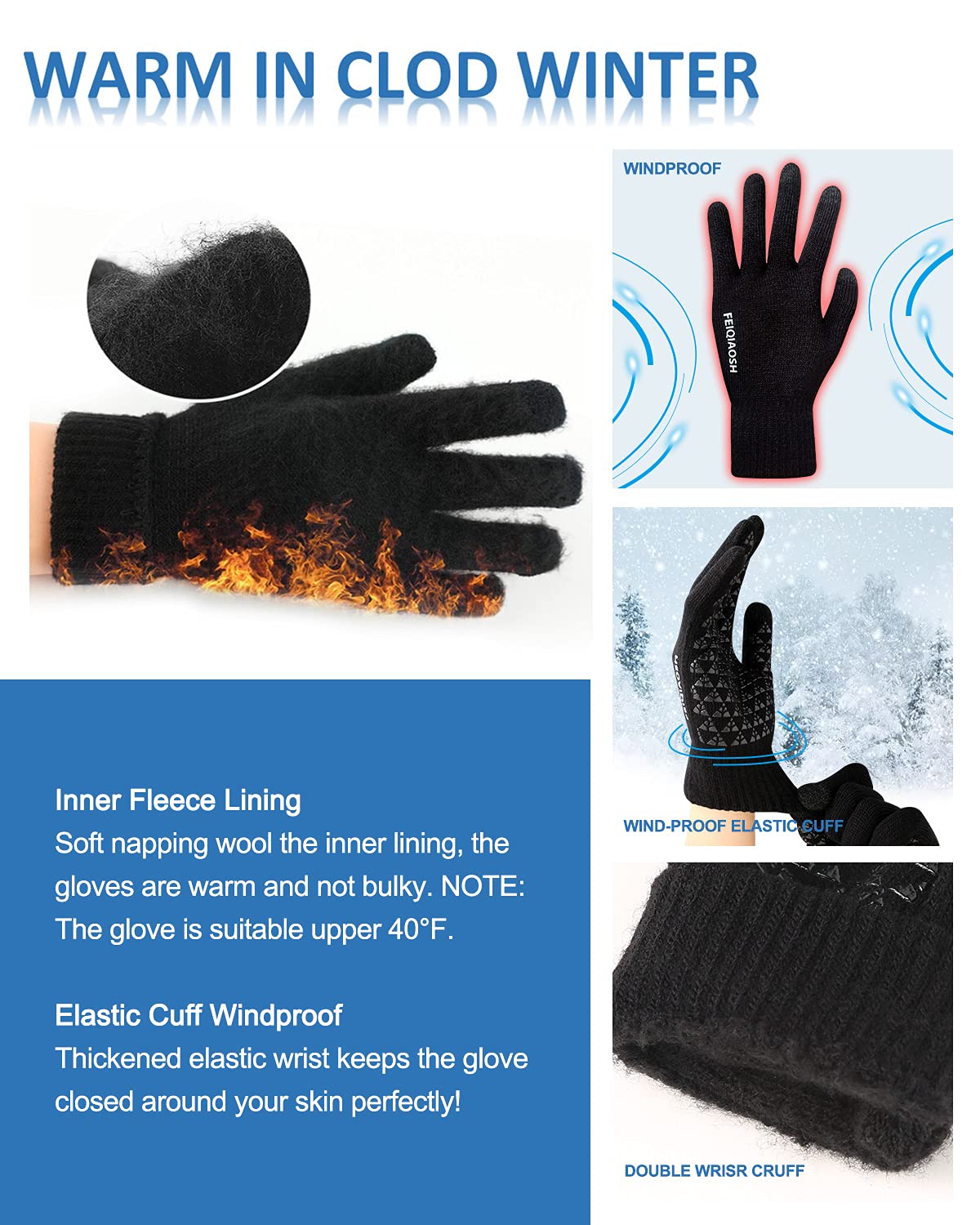FEIQIAOSH Winter Gloves for Men Women, Upgraded Touch Screen Anti-slip Warm Gloves - Thermal Soft Knit Lining, Elastic Cuff