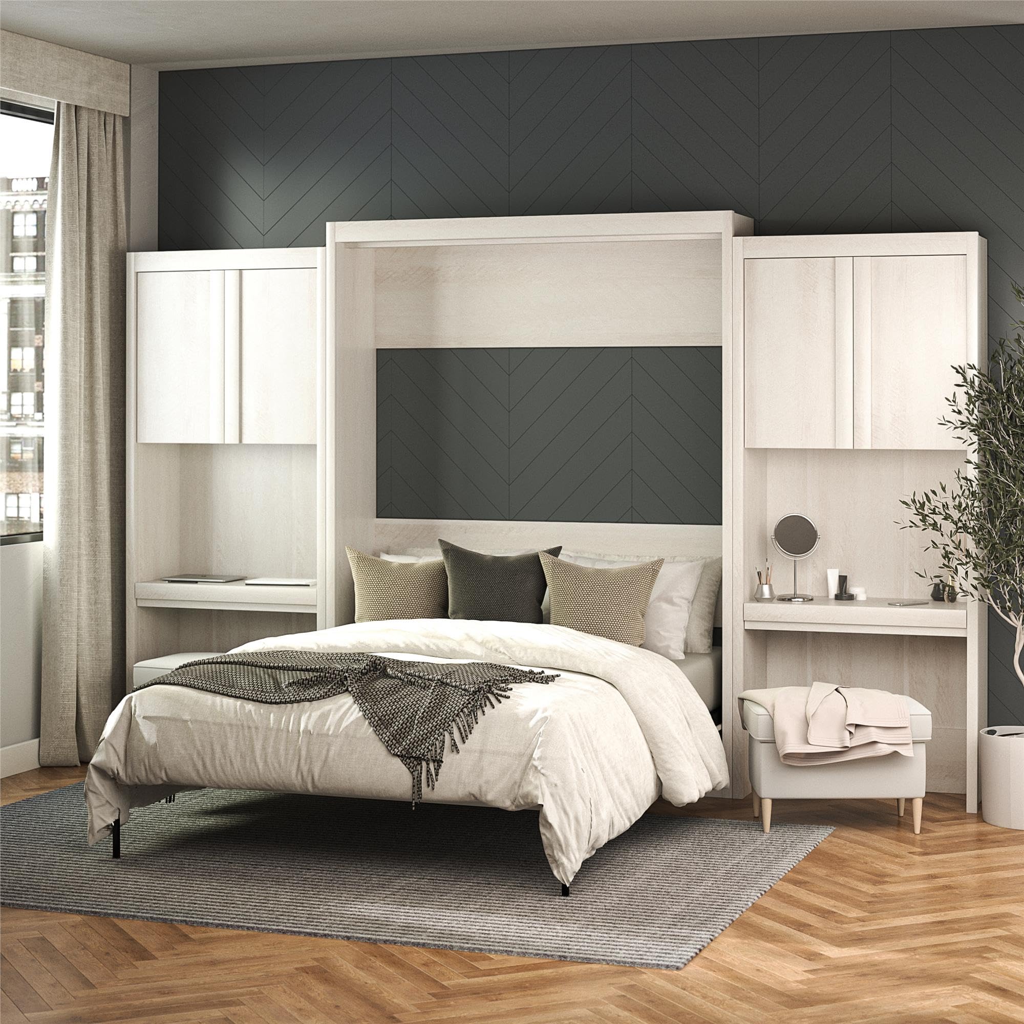REALROOMS Halstead Multi-Functional Queen Size Fold-Out Murphy Bed with 2 Side Desk Storage Cabinets and Slide-Out Vanity Drawers for Bedroom or Guest Room, Ivory Oak