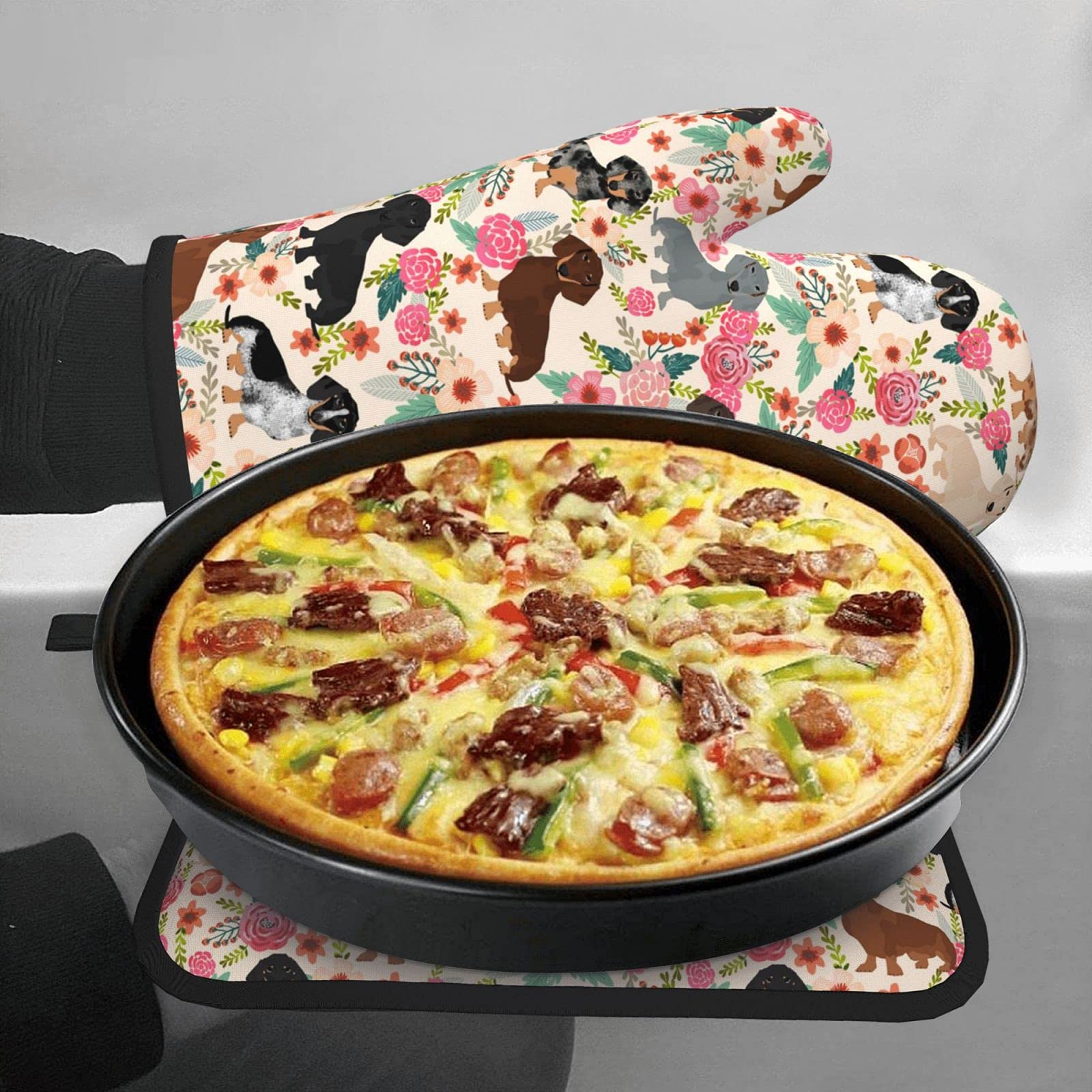 Hitamus Floral Dachshunds Oven Mitts and Pot Holders Sets, Heat Resistant Kitchen Microwave Gloves Non-Slip Pot Pads for Grilling Baking Cooking BBQ (Set of 2)