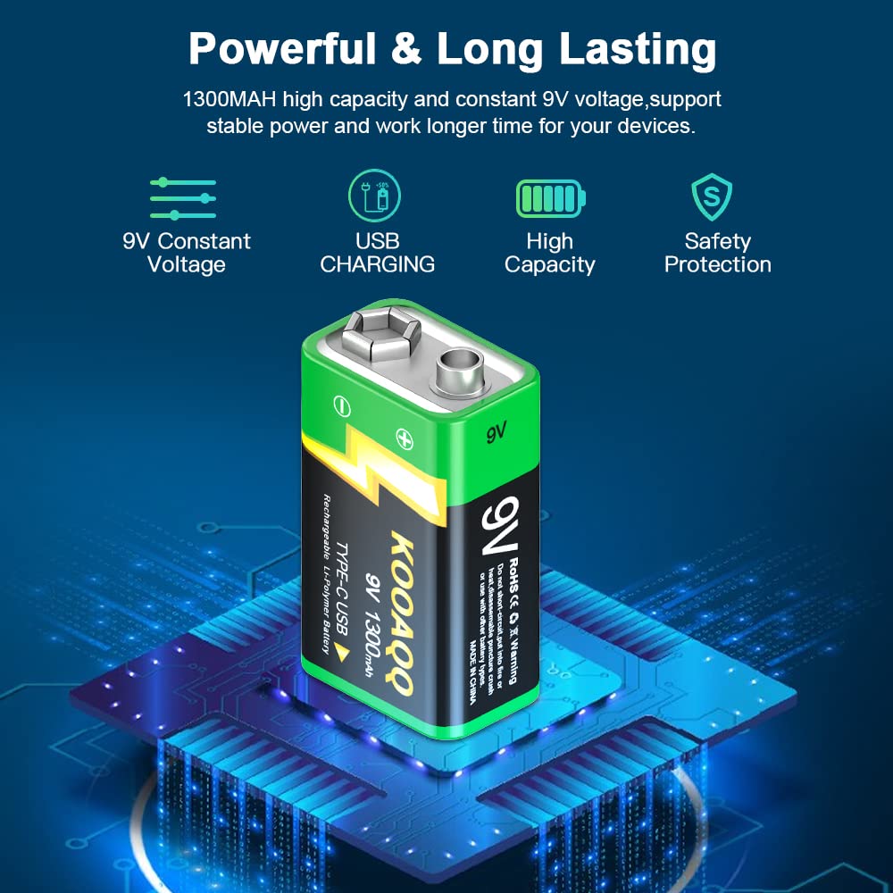 KOOAQQ 9V Lithium Battery, High Capacity 1300mAh, with 2 in 1 USB-C Charging Cable,Rechargeable 9 Volt Square Batteries for Smoke Detector/Alarms,Wireless Microphones,Metal Detector (2 Count 9V 1300)