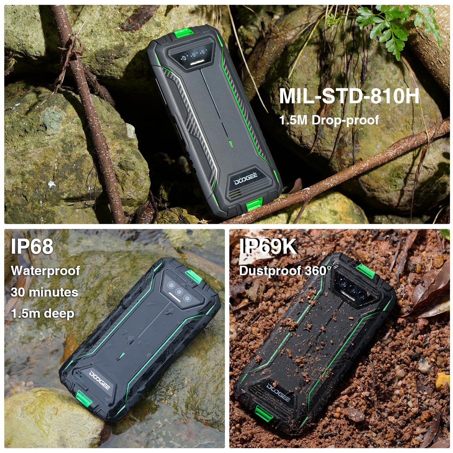 DOOGEE S41T Rugged Smartphone Unlocked 2024,6300mAh Battery,8GB+64GB,4G Dual Sim Rugged Phone,Android 13 Phone,13MP Camera,IP68 Waterproof Cell Phone,Face Unlock,NFC/T-Mobile,GREEN